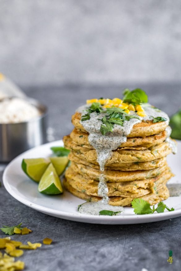 Savory Corn Pancakes w/ Cilantro Dill Cream Sauce (Vegan + Oil Free)
