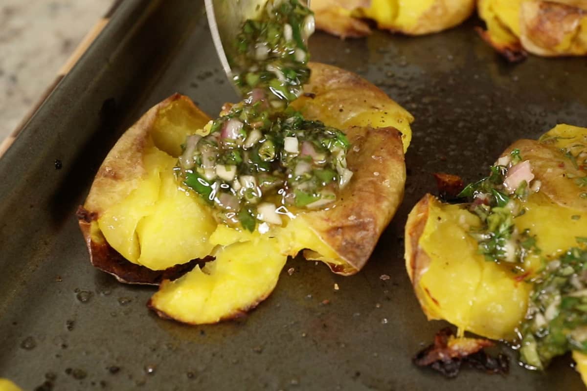 Roasted Smashed Yukon Gold Potatoes with Chimichurri - Sweet Simple Vegan