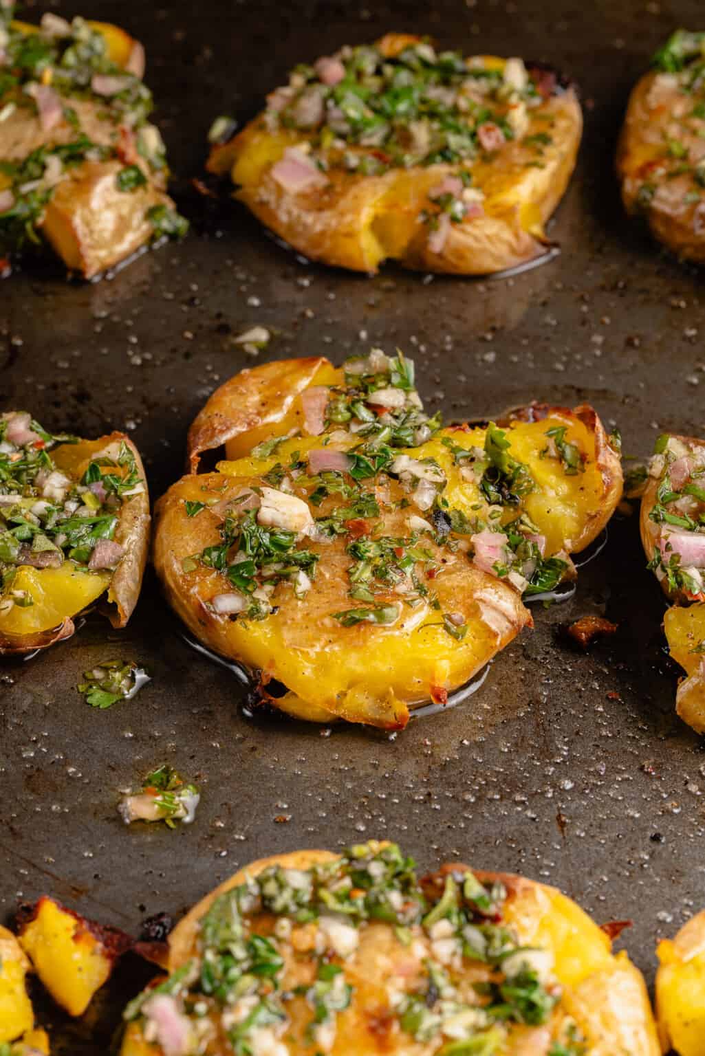 Roasted Smashed Yukon Gold Potatoes with Chimichurri - Sweet Simple Vegan